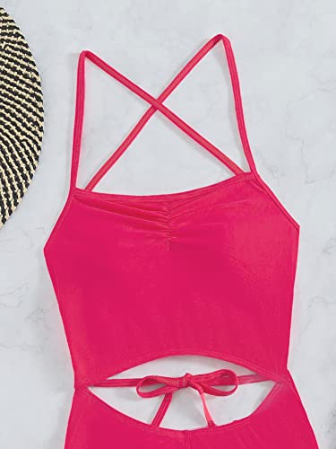 WDIRARA Women's Criss Cross Backless Ruched One Piece Swimsuit Monokini Swimwear Watermelon Pink M