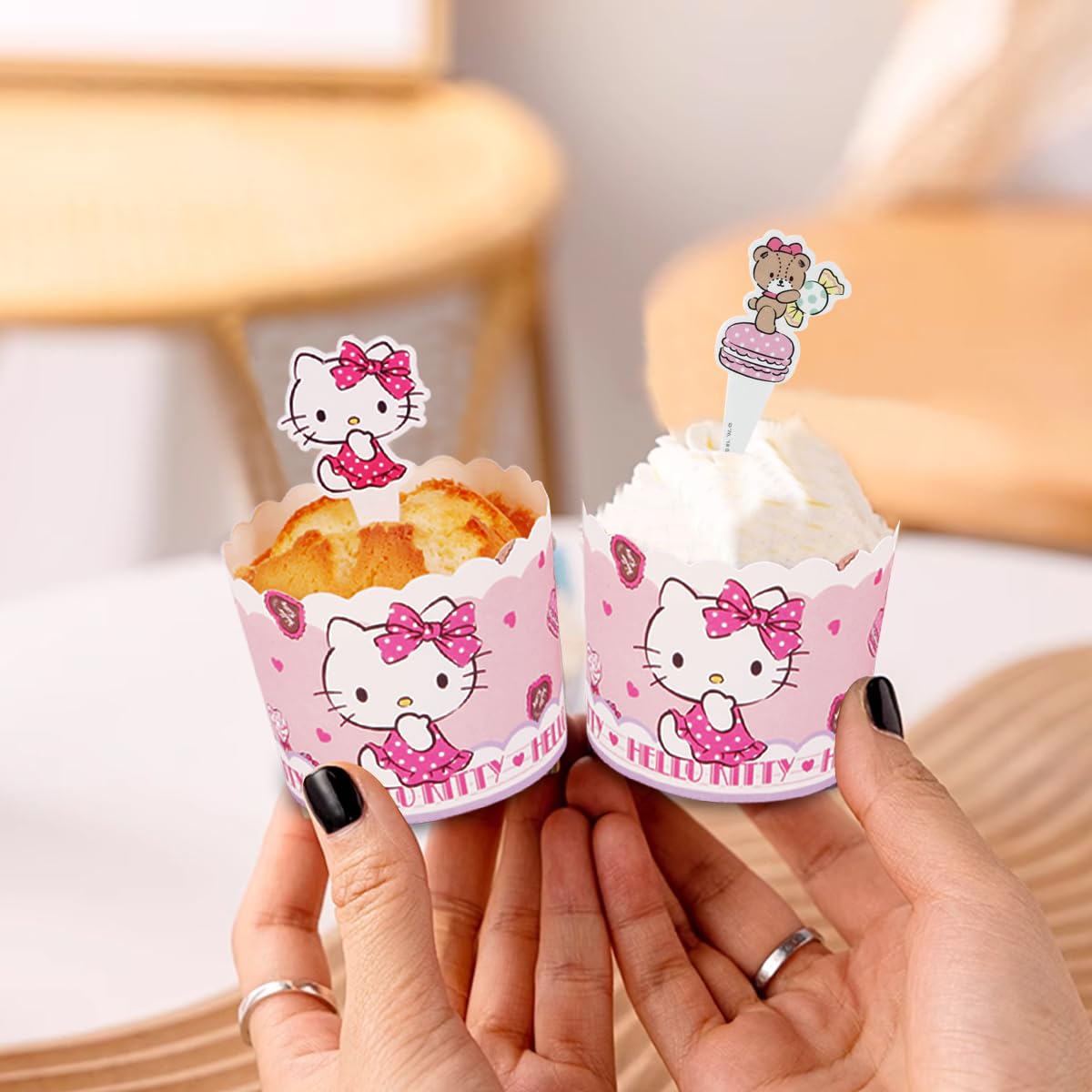 CHEFMADE 25 Pack Baking Cups Liner, Hello Kitty Cupcake Liners with 25Pack Mini Card, Cupcake Paper Cups for Muffins Desserts, Bake Sales, Wedding Table Decor, Baby Showers, Party Treats