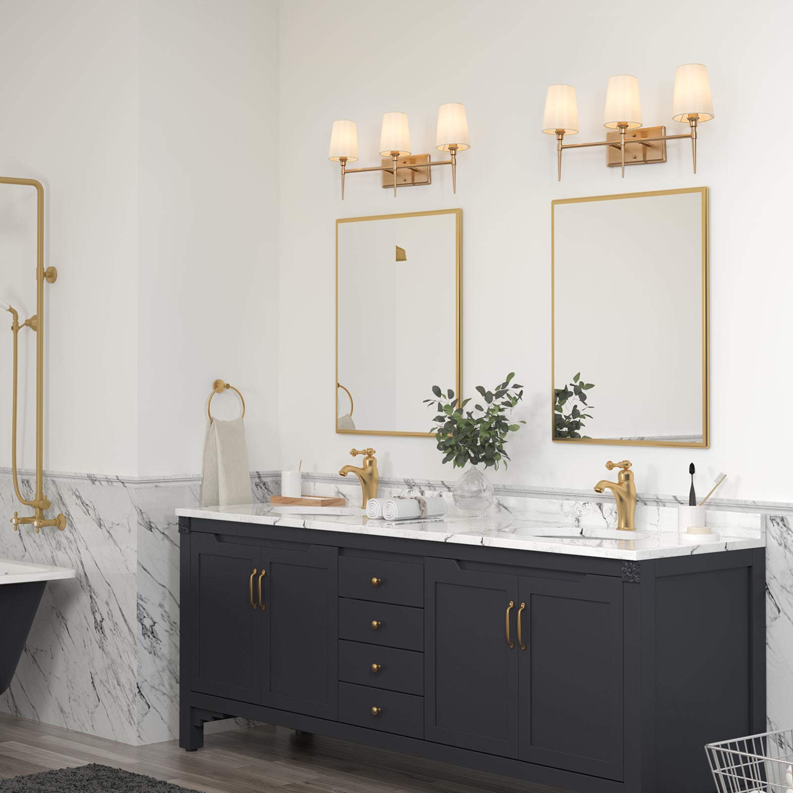classy leaves Bathroom Light Fixtures, 3-Light Gold Vanity Lights, Modern Bathroom Vanity Light Fixtures with White Fabric Shade, 23’’ L x 6.5’’ W x 12’’ H