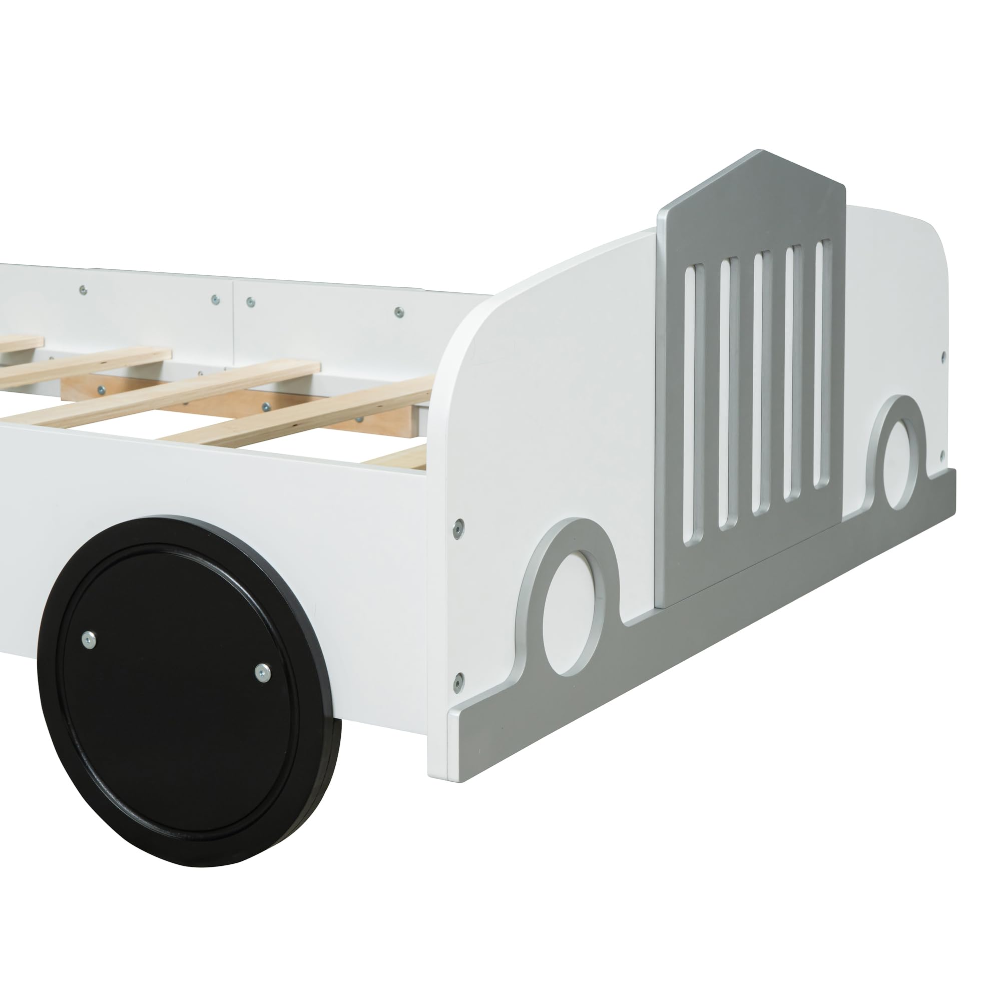 Harper & Bright Designs Twin Size Car-Shaped Bed with Wheels,Twin Kids Bed with Headboard & Footboard,Wood Twin Platform Bed Frame,Lightning McQueen Bed for Kids Boys Girls (White)