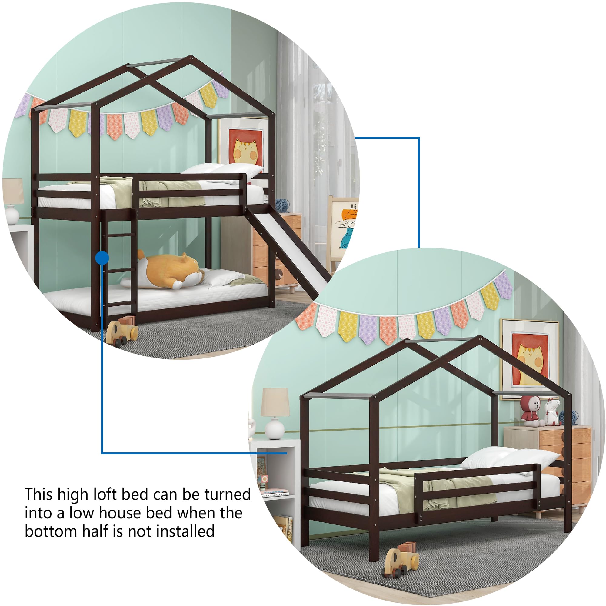 Harper & Bright Designs House Bunk Bed with Slide, Solid Wood Kids Bunk Beds Twin Over Twin with High Guardrail, Able to Split, Kids Loft Bunk Bed for Girls Boys, Easy Assembly,Espresso