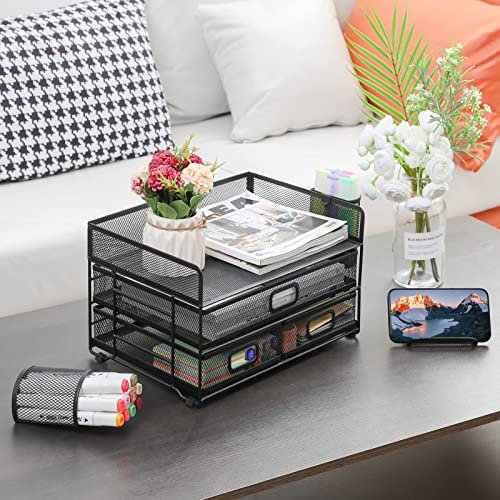 Desk Organizer with Drawers -3 Tier Desktop Organizer with Pen Holder and Drawer, Multi-Functional Desk Organizers and Accessories, Mesh Paper Organizer for Home Office Supplies(No Assembly)