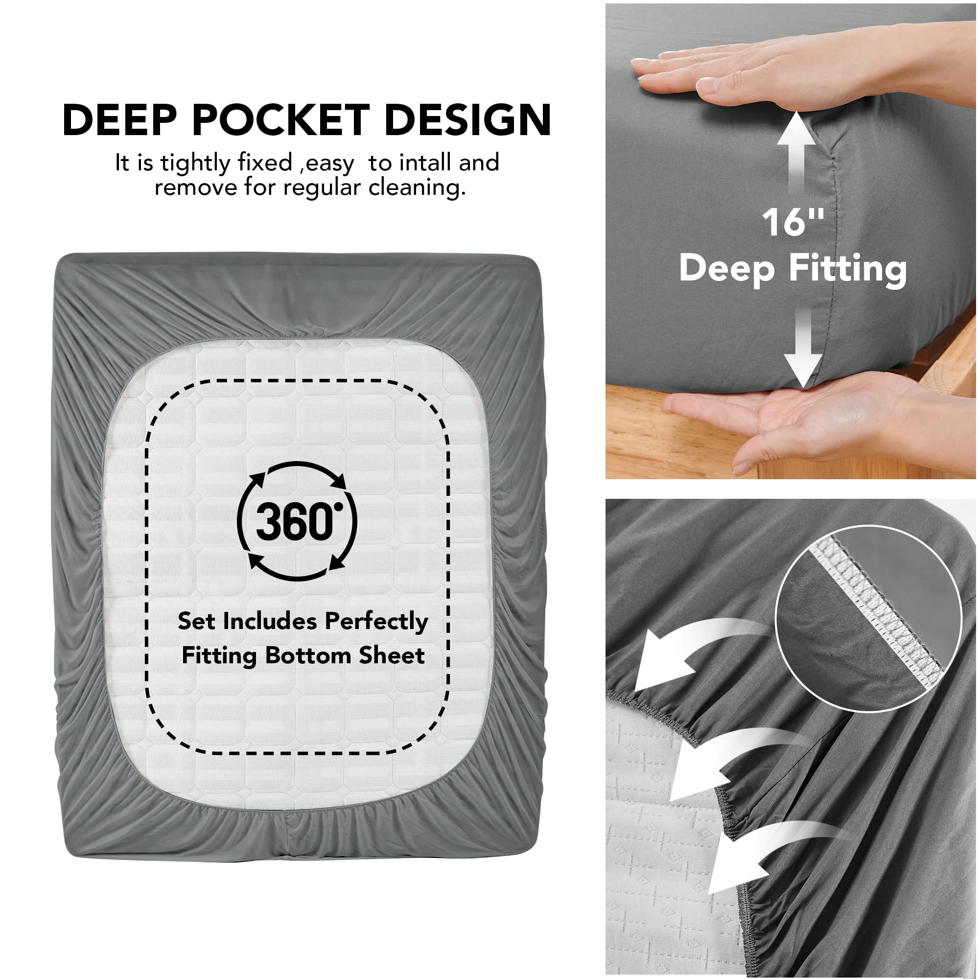 Deconovo Bed Sheets Light Grey Full Size Sheet Sets Microfiber 16" Deep Pocket 1800 Thread Count Luxury Comfort Bedding Silky Soft Touch 4 Pieces Pillowcases Flat Sheet & Fitted Sheet