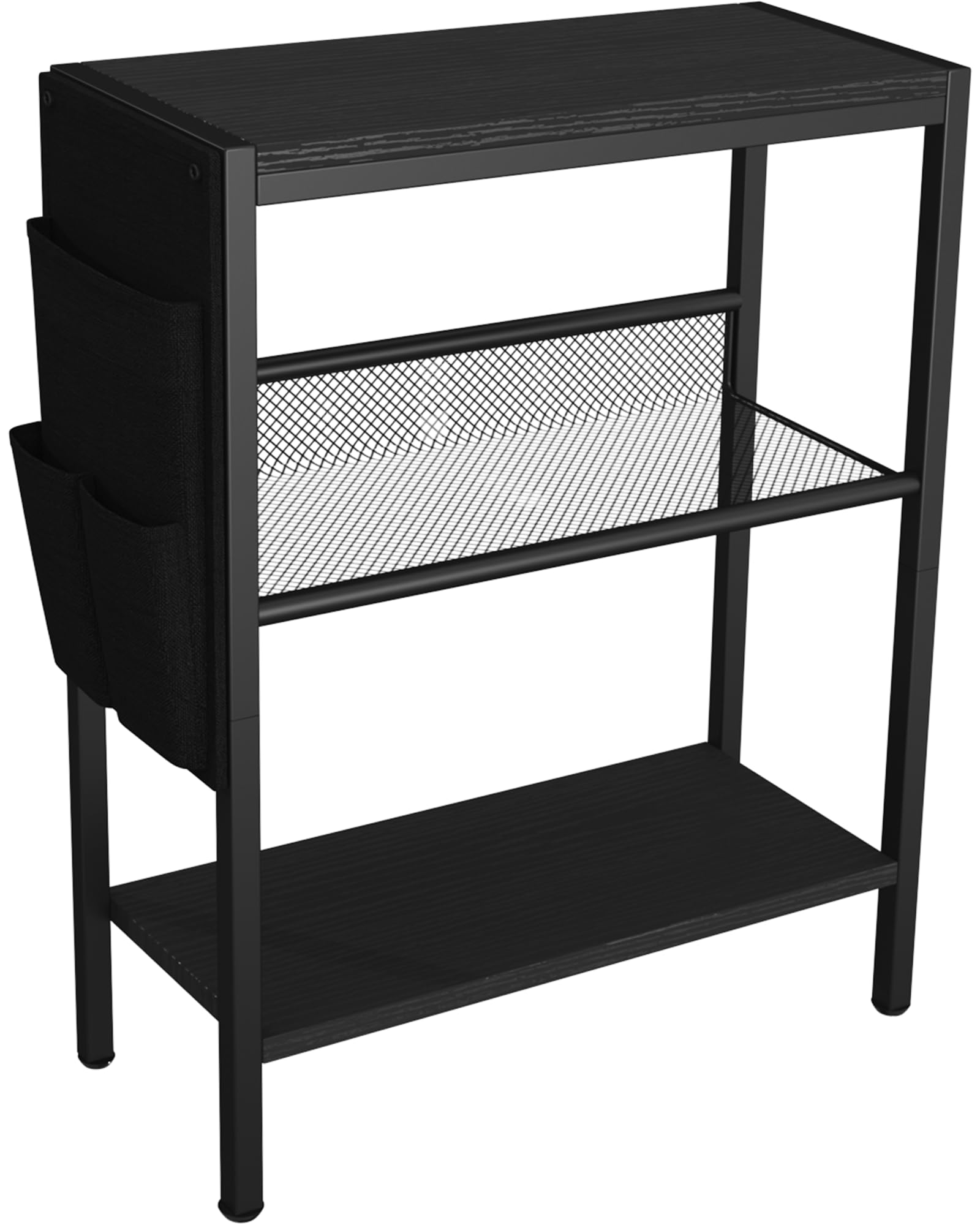 Yusong Small Narrow Side Table for Small Spaces, Slim End Table with Storage Bag, Sofa Snack Table with Adjustable Metal Mesh, 3 Tier Accent Skinny Beside Table for Living Room & Bedroom, Black Oak