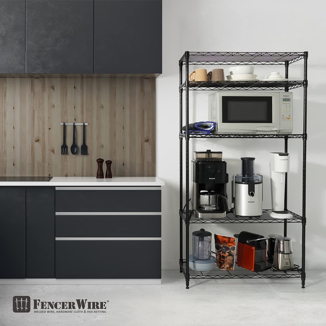 Fencer Wire 3/4/5-Tier Adjustable Height Wire Shelving Unit, Garage Shelving Storage Organizer, Wire Rack Shelving, Metal Steel Storage Shelves, Utility Storage Shelf with Leveling Feet, Black