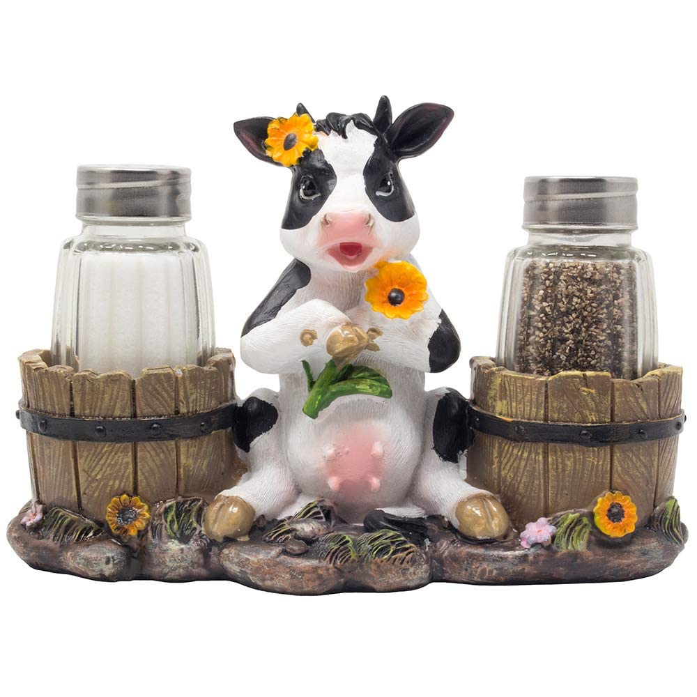Decorative Holstein Cow Salt and Pepper Shaker Set with Old Fashioned Water Pails Holder Figurine in Farm Animal Decorations As Spice Racks and Rustic Country Kitchen DΓ©cor Or Gifts for Farmers