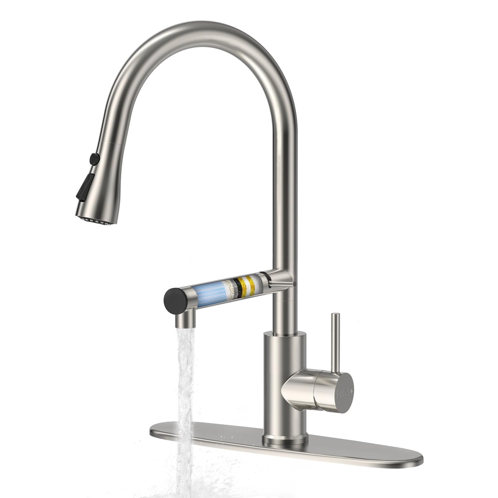 Kitchen Faucet, 2024 Upgraded Filter Water Kitchen Faucet with Pull Down Sprayer, Brushed Nickel Stainless Steel High Arc 1 Or 3 Hole Kitchen Sink Faucet for Remove Chorine and Harmful Substances
