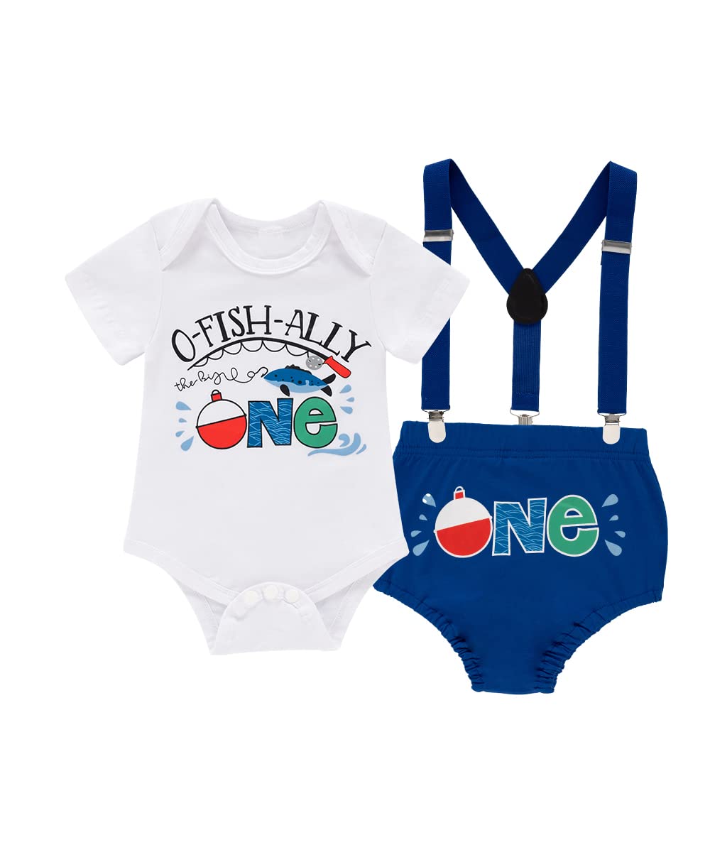 Fantasy Era Baby Boys O-Fish-Ally Printing 1st Birthday Outfit Funny Bowtie One Year Old Boys Romper Short Set ļ¼Blueļ¼12-18Monthsļ¼