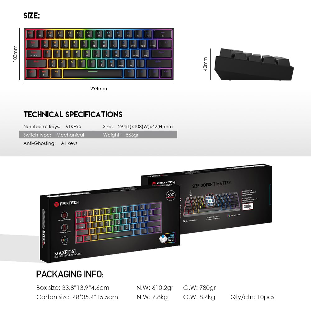FANTECH MAXFIT61 Wired 60% Mechanical Gaming Keyboard Hot Swap RGB Gaming Keyboard Frost Edition with Retro Translucent Base, Blue Switch(Clicky), White