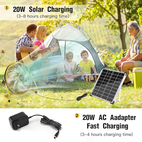 Fanspex 14" Portable Solar Rechargeable Floor Fan, 15600 mAh 20W Solar Panel Powered Battery Operated Fan for Outdoor Camping, 360° Tilt, 40dB Quiet Operation (5.3m/s Airflow)