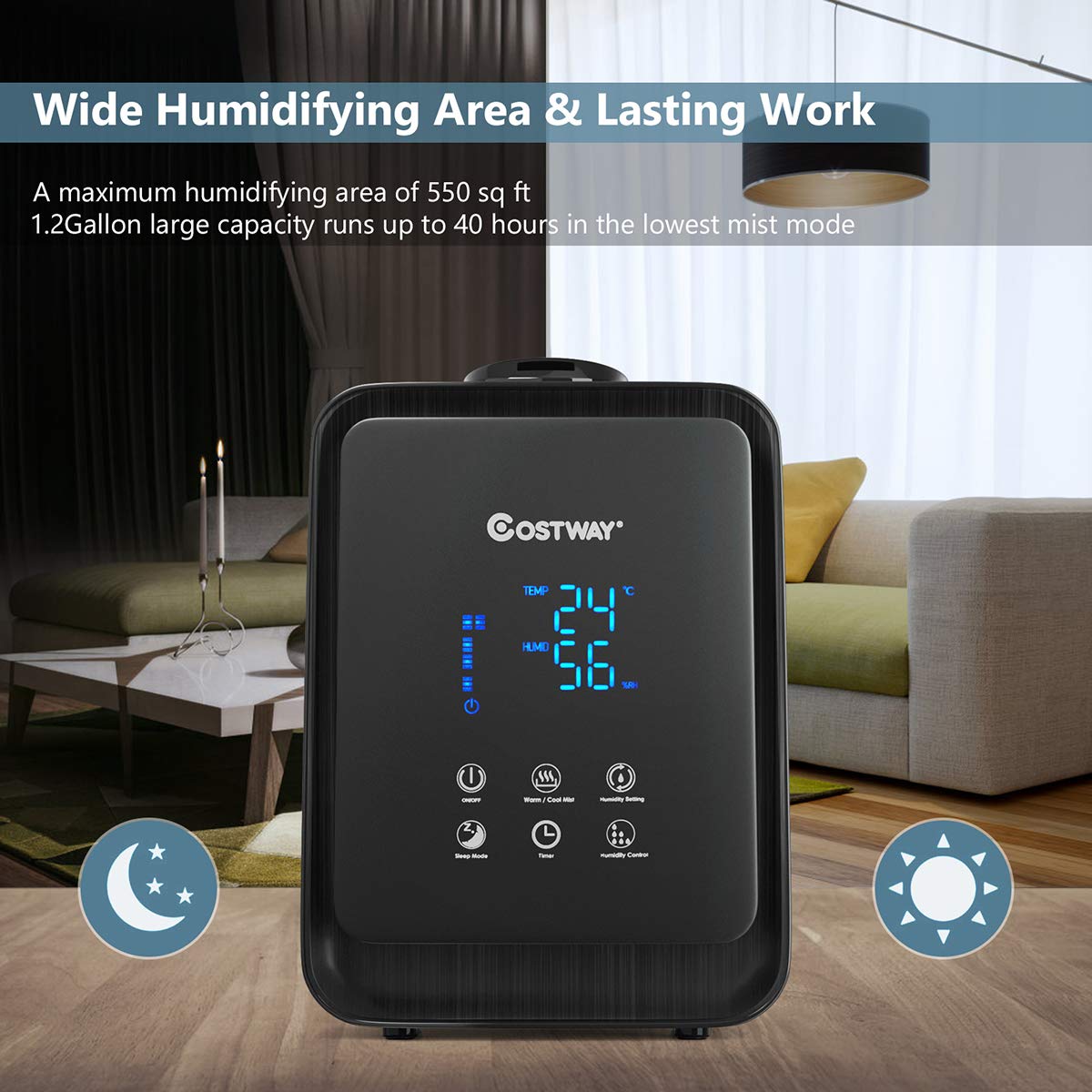 COSTWAY Ultrasonic Air Humidifier, 4.5L/1.2 Gallon, Warm and Cool Mist Humidifier, Whisper-quiet Operation, w/LED Touch Display and Remote Control, for Bedroom, Living room, and Baby room (Black)