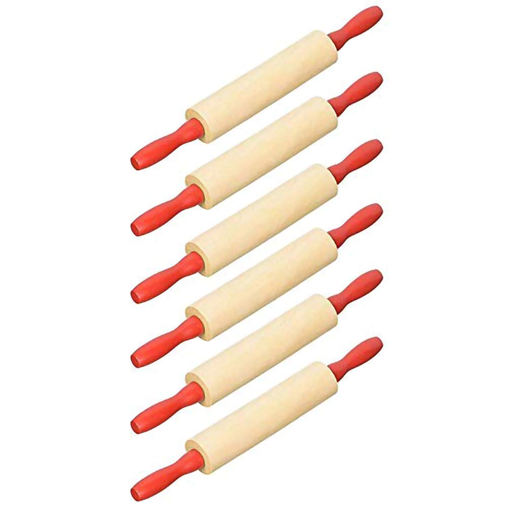 Mini Rolling 7.5 Inch (Pack of 6) Rolling Pin for Play Dough - Wood Kids Rolling Pin For Little Bakers, With Red Handles Arts and Crafts Clay Roller, 7.5" (6-Pack)