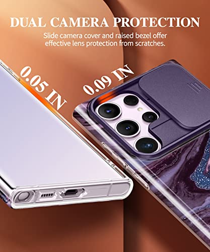 GVIEWIN Compatible with Samsung Galaxy S23 Ultra Case with Slide Camera Cover, [Military Grade Drop Protection] Slim Marble Shockproof Protective Phone Case Fit S23 Ultra 5G 6.8" (Quicksand/Purple)