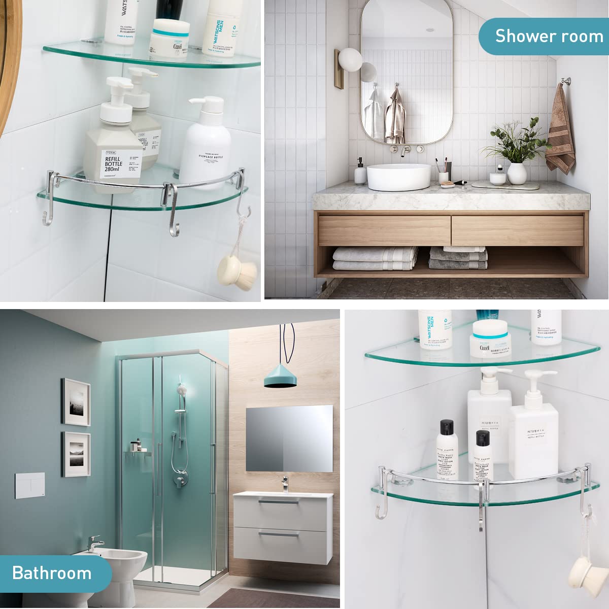 HouseMila Glass Shower Shelves 3 Tier Glass Corner Shelf with 3 Hangers, Corner Shelf for Shower Organizer with Rail Drill Hole Glass Shelves for Bathroom