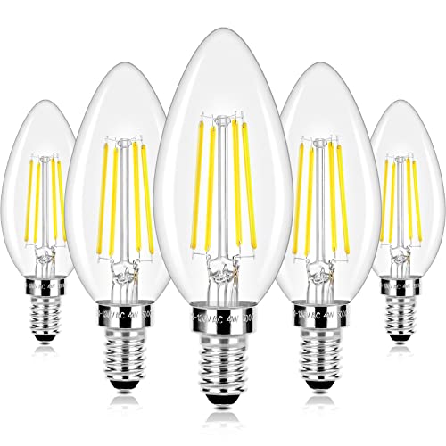 LED Candle Bulbs 40W Equivalent, E12 Candelabra Light Bulbs 4W 470Lm Clear Edison LED Bulbs, Daylight White 5000K Classic Bright Filament Bulbs, Non-Dimmable Decorative Bulbs for Lamps, Pack of 5