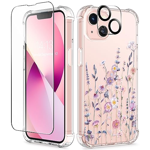 GVIEWIN Designed for iPhone 13 Case 6.1 Inch, with Tempered Glass Screen Protector + Camera Lens Protector Clear Flower Soft & Flexible Shockproof Floral Women Phone Cover (Floratopia/Colorful)