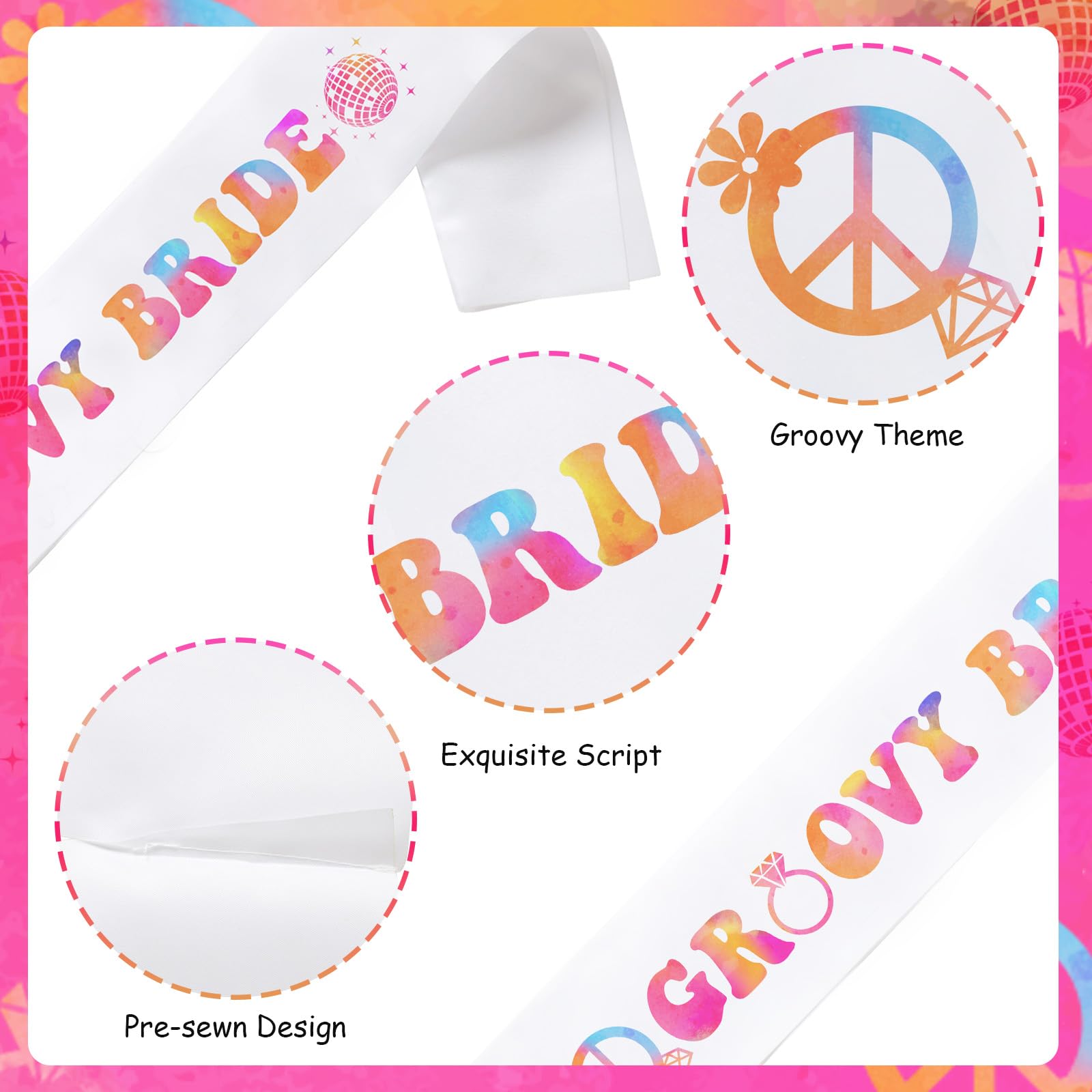 JOYMEMO Groovy Bride Sash for Women - Groovy Bachelorette Party Decorations , Hippie Disco Groovy Themed Bridal Shower Engagement Wedding Party Supplies