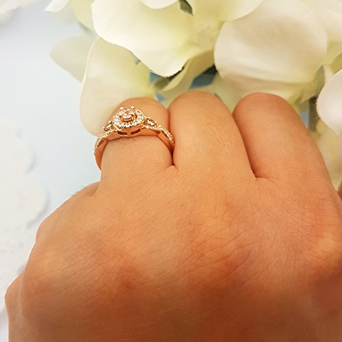 Dazzlingrock Collection Morganite,Champagne & White Diamond 3 Stone Swirl Halo Engagement Ring in 10K Rose Gold, Size 6
