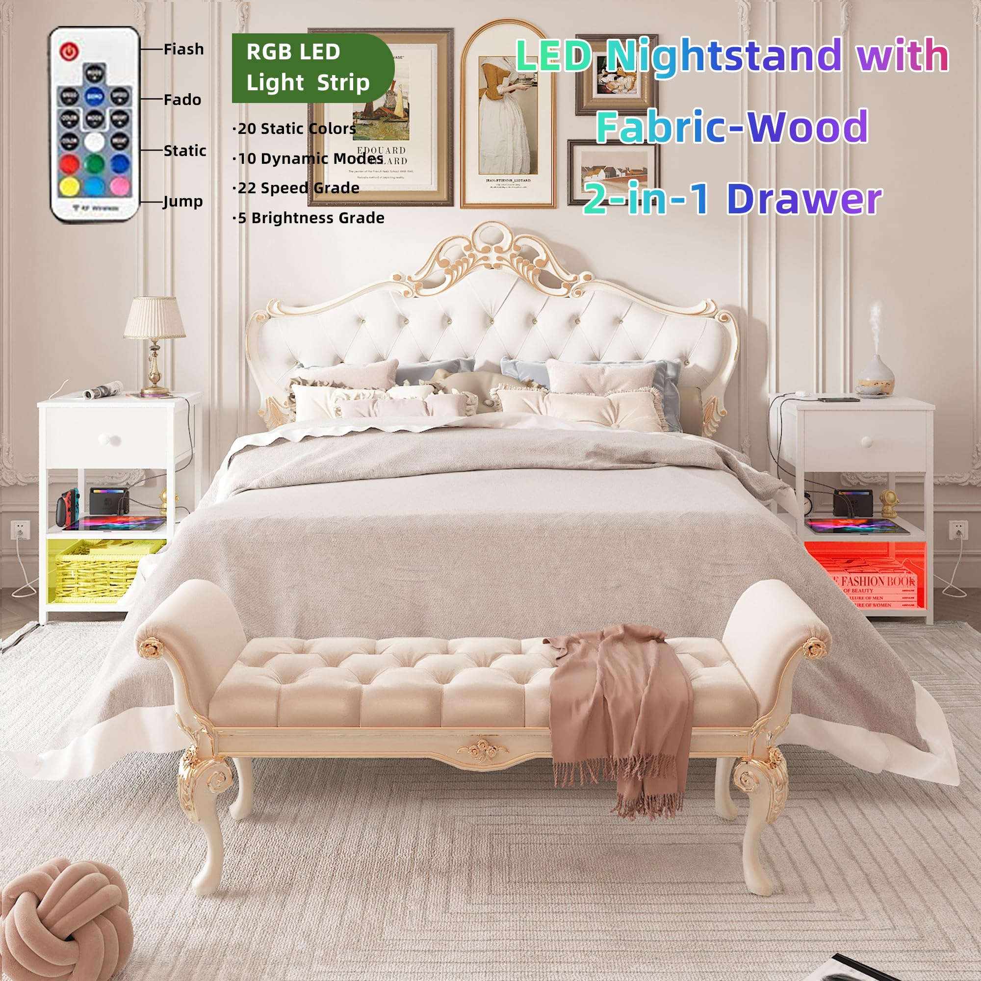 LTTDOUK LED Nightstands Set of 2 with Charging Station, Bedside Tables with USB Ports and Outlets, End Table with Fabric-Wood 2-in-1 Drawer, White Side Table for Bedroom, Living Room