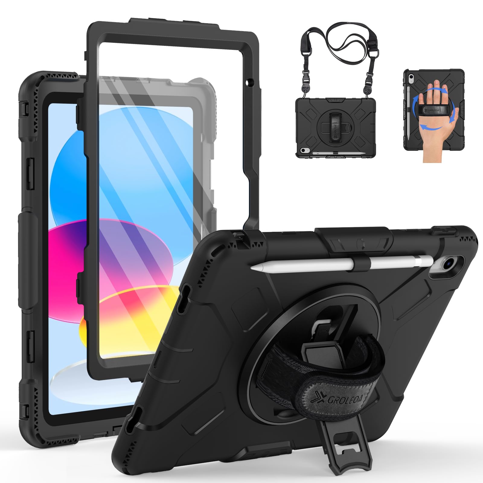 GROLEOA Rugged Case for iPad 10th Generation 2022: Military Grade Shockproof Protective Cover for iPad 10th Gen 10.9 Inch with Screen Protector-360° Rotatable Stand- Hand/Shoulder Strap, Rainbow Pink