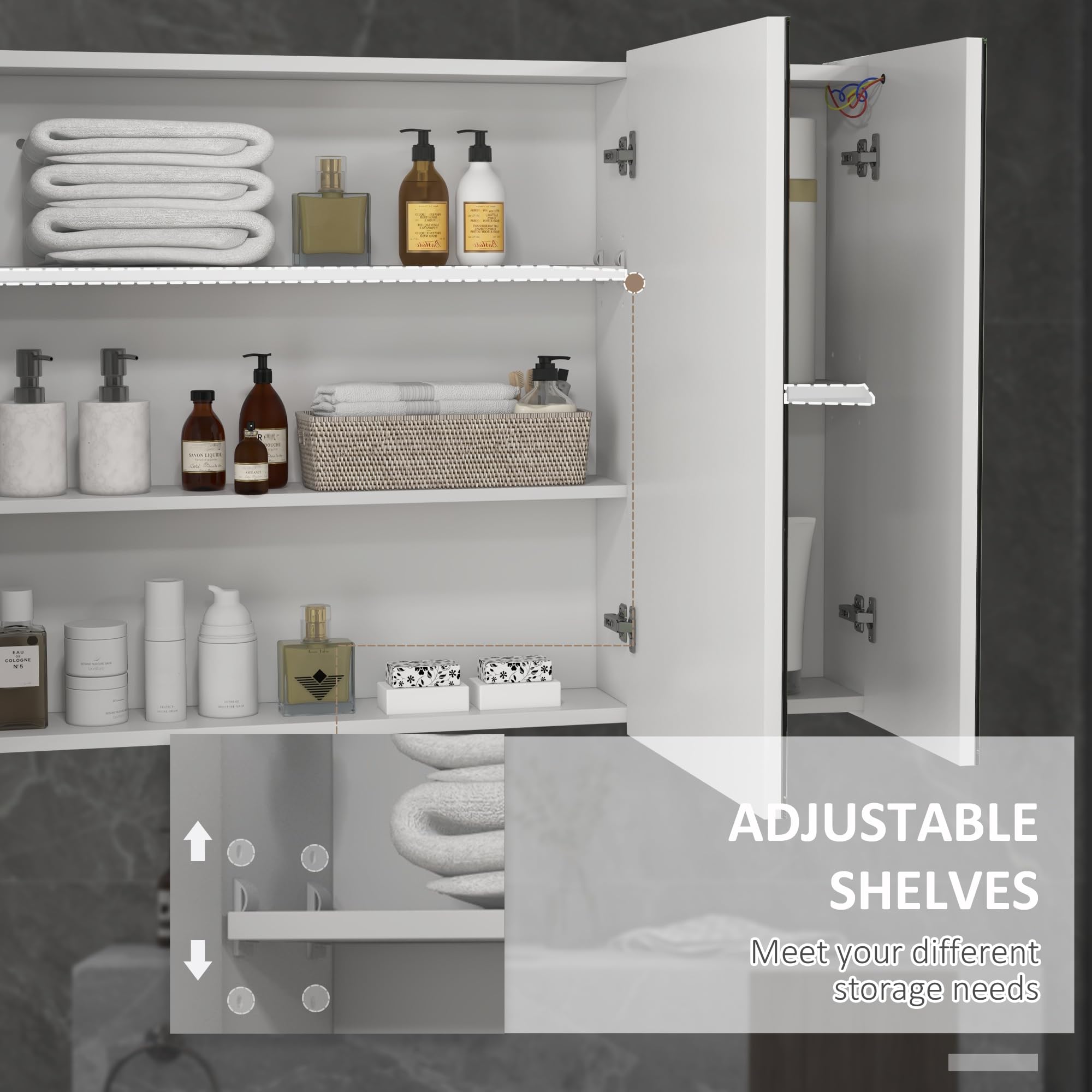kleankin Lighted Medicine Cabinet with Mirror, 26" x 36" Wall Mounted Bathroom Mirror with Storage, 3-Color Bathroom Wall Cabinet with USB Charge, Adjustable Shelf, High Gloss White