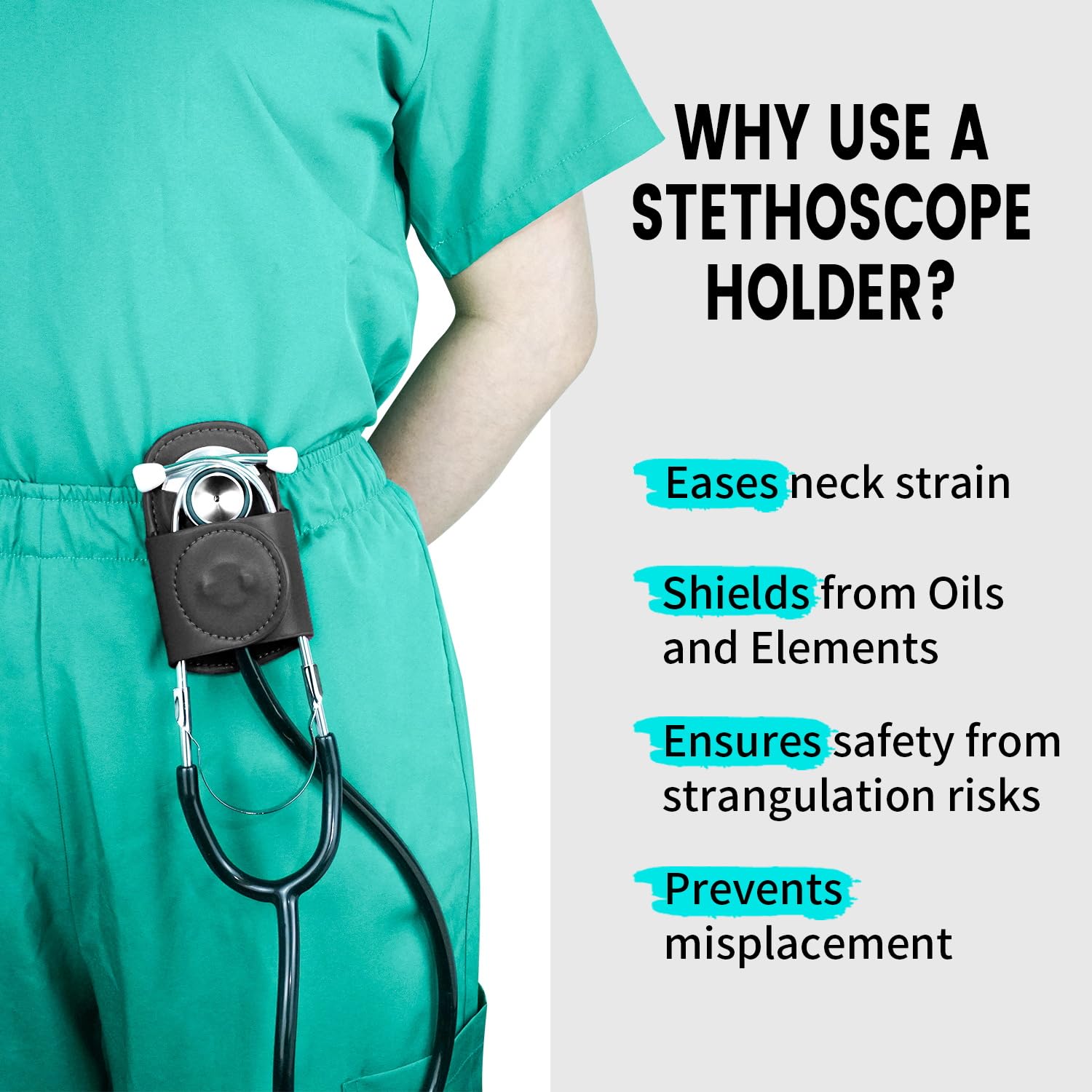 Magnetic Stethoscope Holder for Scrubs, with Leather-Covered Clip for Littmann & Most Stethoscopes, Stethoscope Holder Clip for Scrubs/Belts/Backpacks, Black
