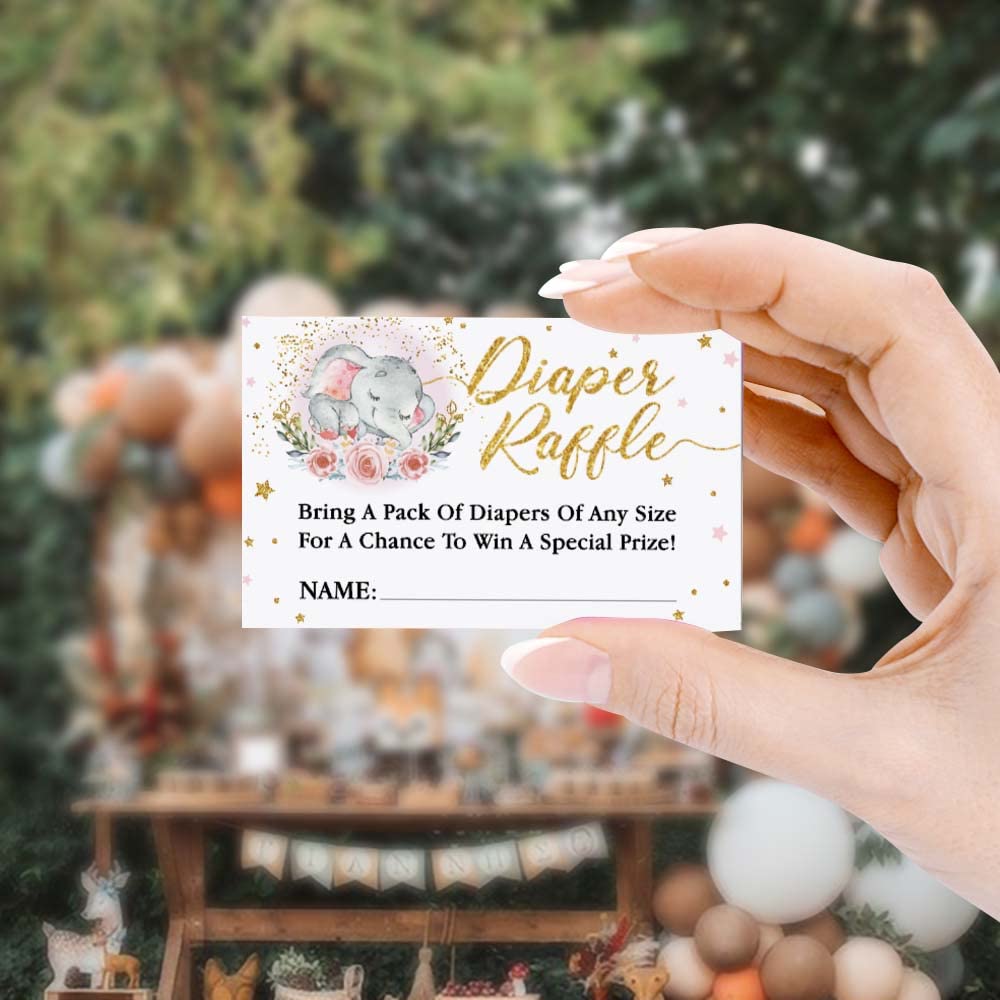Elephant Diaper Raffle, Eucalyptus Diaper Raffle Baby Shower Game Kit，PINK Sleeping Elephant Raffle Insert Ticket, Gold Sign, Pink Flower Baby Shower Decorations(1 Standing Sign + 50 Guessing Cards)