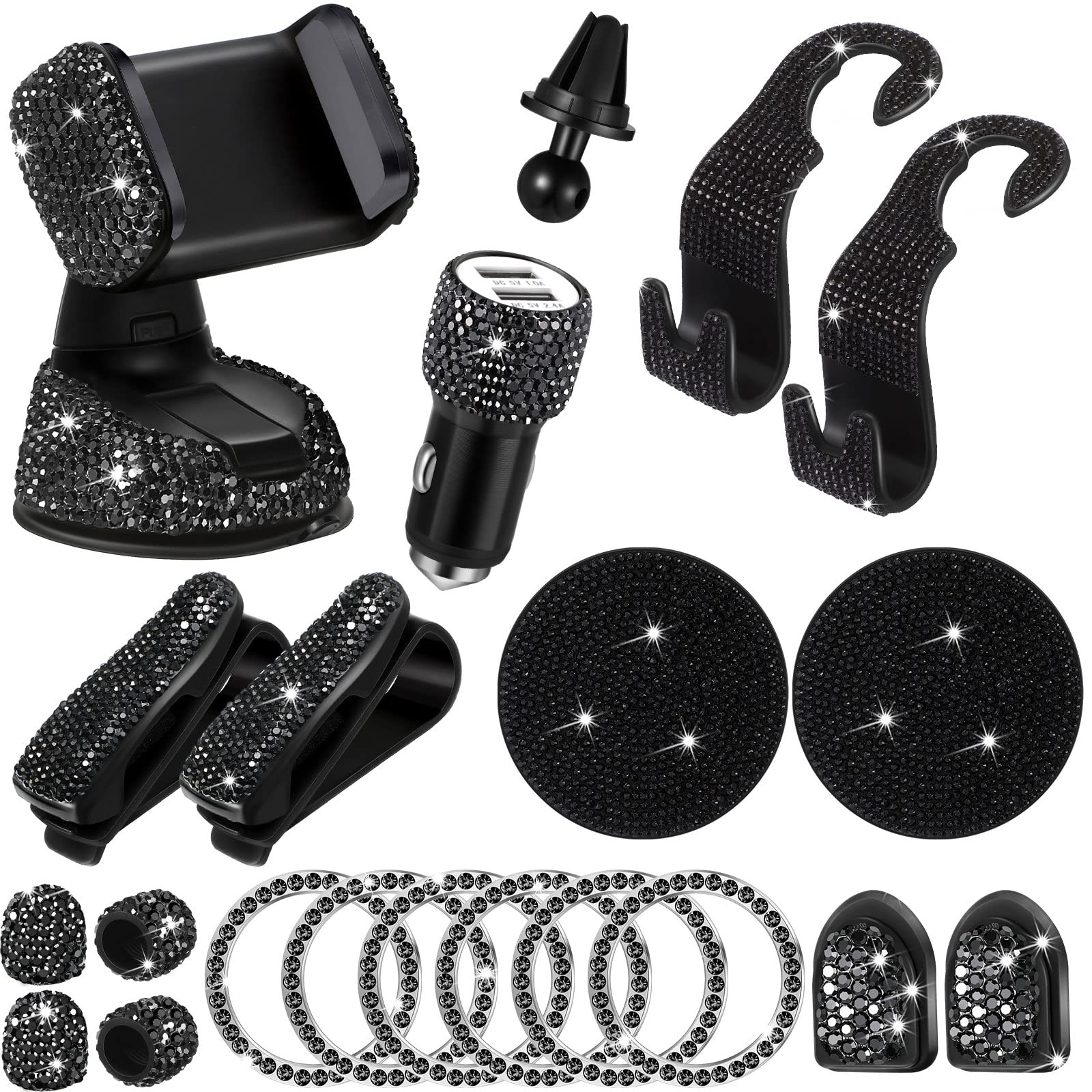 Tallew 20 Pcs Bling Car Accessories for Women, Rhinestone Car Accessories Set, Bling Car Phone Holder Mount, Bling Dual USB Car Adapter, Bling Car, Bling Glasses Holders(Black)