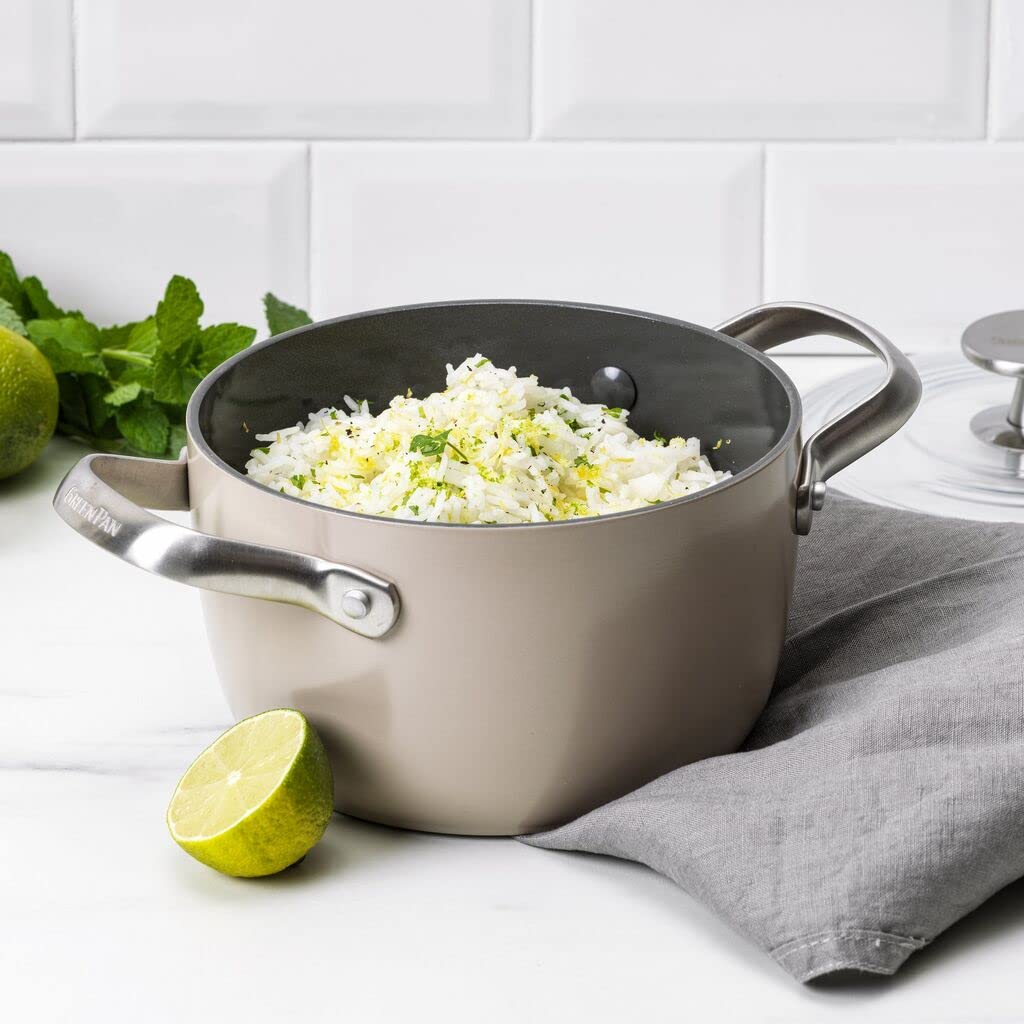 GreenPan Healthy Ceramic Nonstick, 2QT Rice Grains and Soup Maker, Caldero Pot with Lid, PFAS-Free, Induction, Dishwasher Safe, Oven Safe, Taupe