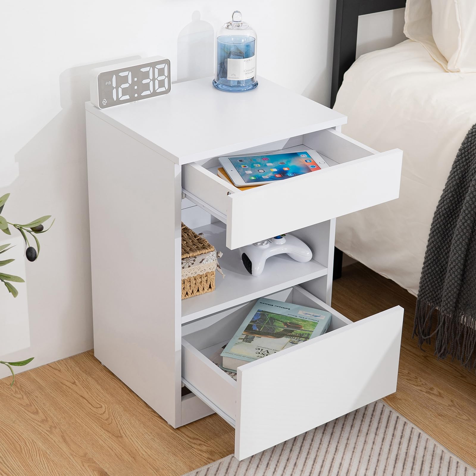 HOMMPA Wood Nightstand, Black Night Stand with 2 Drawers, Bedside Table with Storage Shelf, End Tables with Drawers, Bedroom Side Tables High Gloss Tall Nightstand
