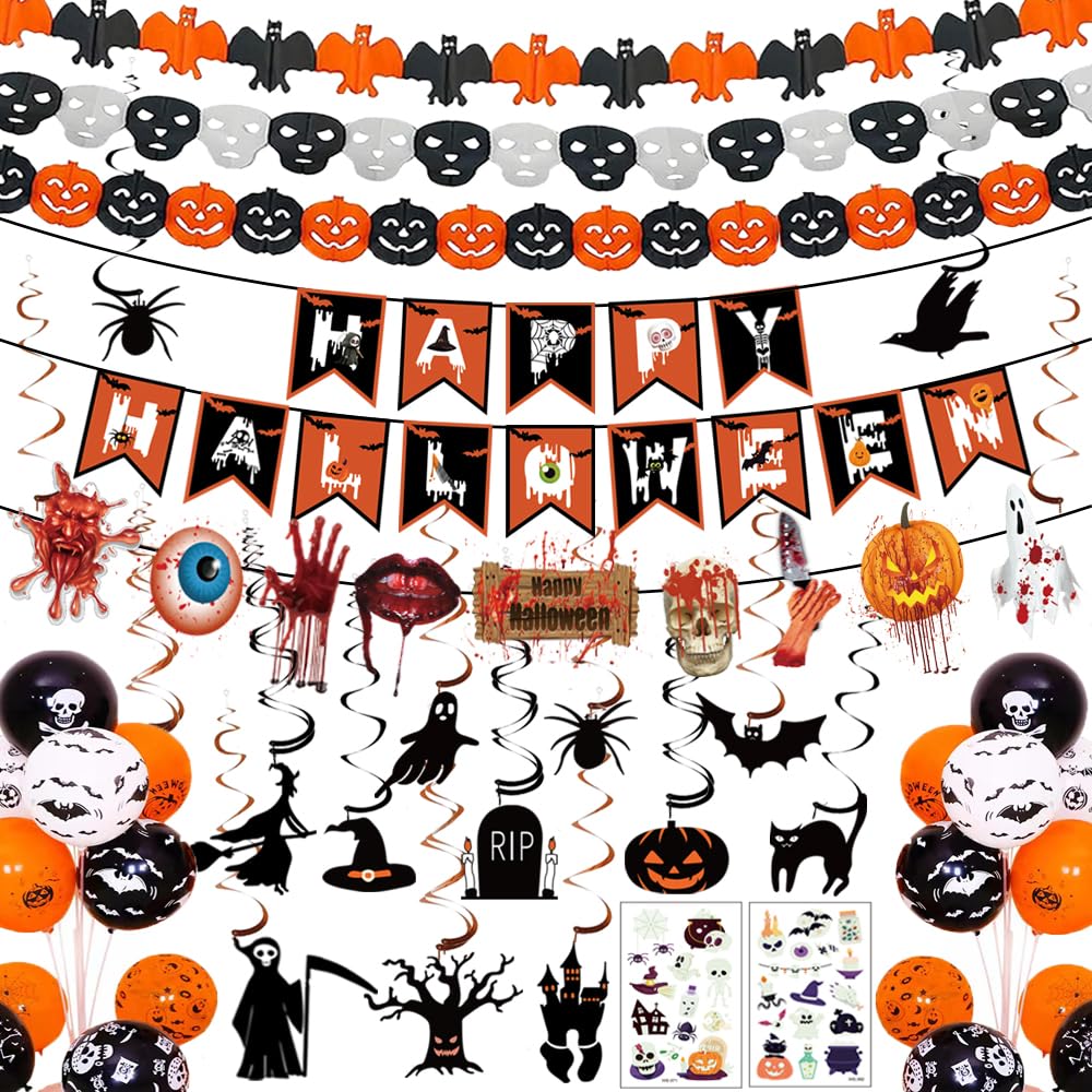 Halloween Decorations, Halloween Party Decorations Including Happy Halloween Banner, Hanging Swirl, Halloween Pumpkin Skull Ghost Horror Banner, Halloween Balloons for Halloween Indoor Decorations