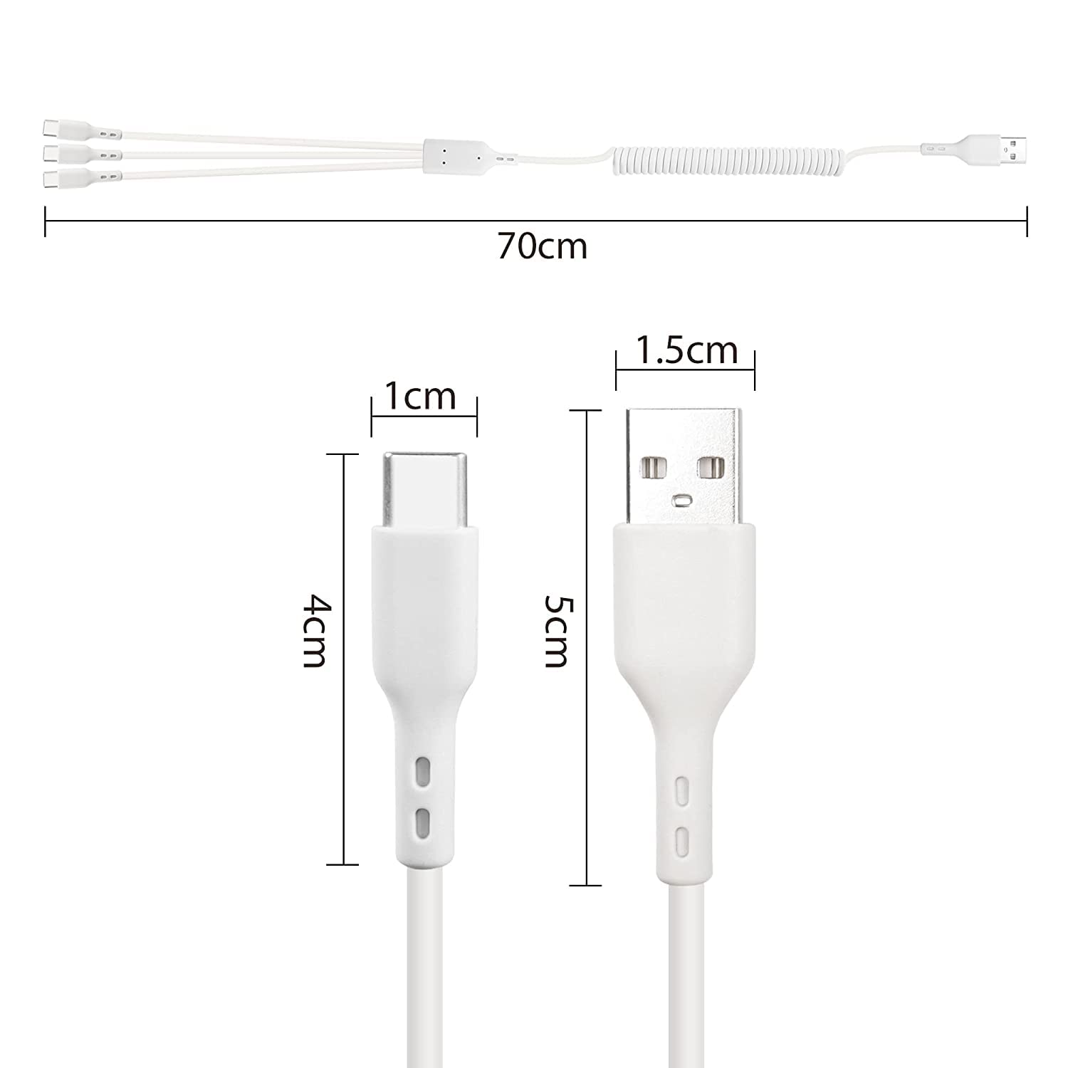 GELRHONR Retractable USB A to USB C Multi Charging Cable,Coiled 5A 3 in 1 Multiple USB C Fast Charging Cord,Compatible with Cell Phones Tablets Android and More （MAX 6.5Ft (White 1 to 3)