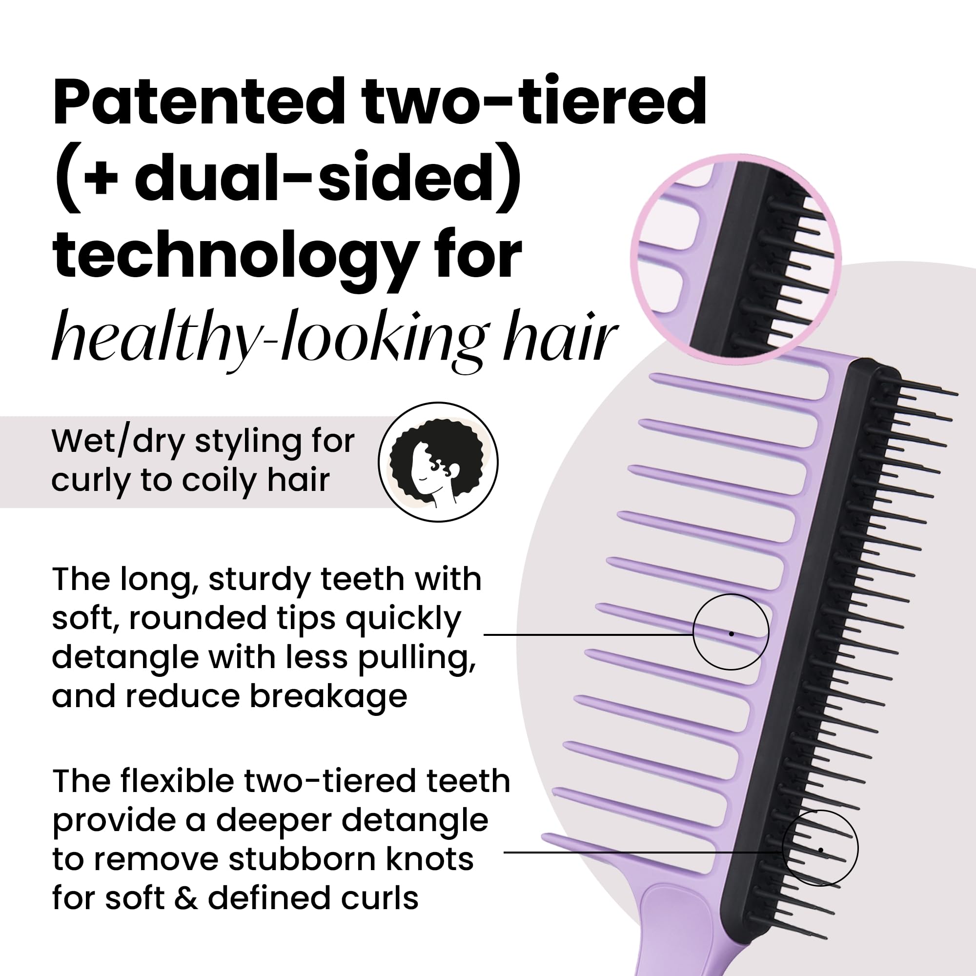 Tangle Teezer The Wide Tooth Comb for Curly Hair, Double-Sided Detangling Comb for All Hair Types, Wet and Dry Detangling, Lilac