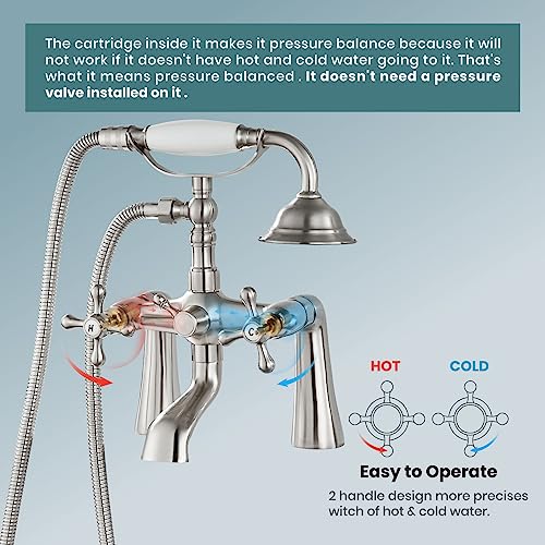 gotonovo Deck Mount Tub Bathtub Faucet Clawfoot with Handheld Shower 6 Inch Brushed Nickel Telephone Shaped Sprayer Showerheld Double Cross Handle