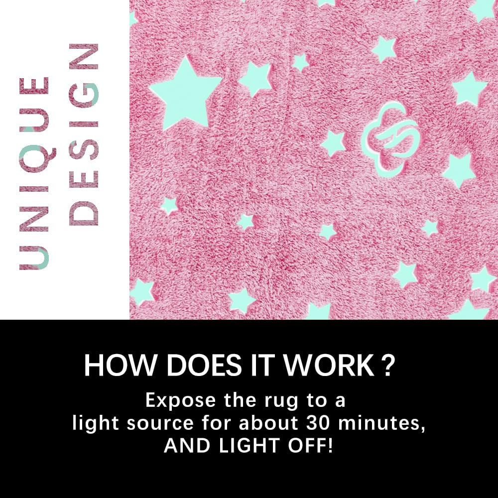 Large Area Rug Carpet Glowing in The Dark Pink Star 5'x4' for Children Room Decor Funny for Babyroom and Living Room Rectangular Mat for Kids Bedroom