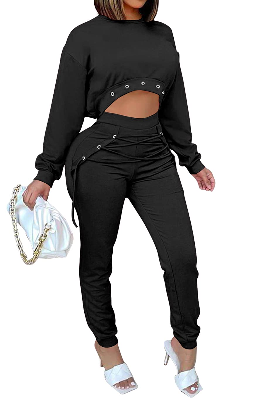 Dgebou Women's Casual Solid Two Piece Outfits, Long Sleeve Loose Crop Top and Elastic High Waisted Bandage Sweatpants Set Sweatsuits Tracksuit Fall 2 Piece Outfit Loungewear (A-Black, XL)