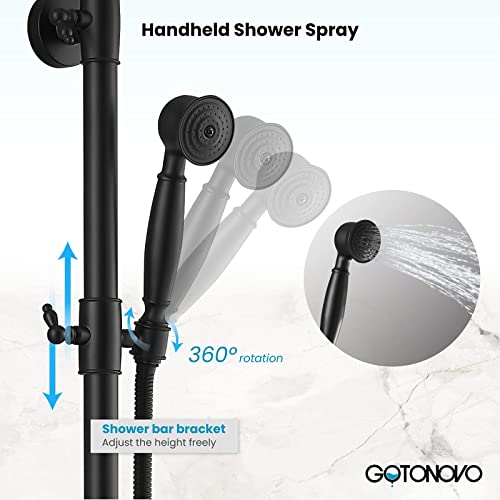 gotonovo Matte Black Wall Mounted Bathroom Rainfall Shower Faucet System Set Mixer 8-Inch Round Head Double Cross Handles Bathroom Bathtub Hand Spray Tub Spout Bathroom Fixtures