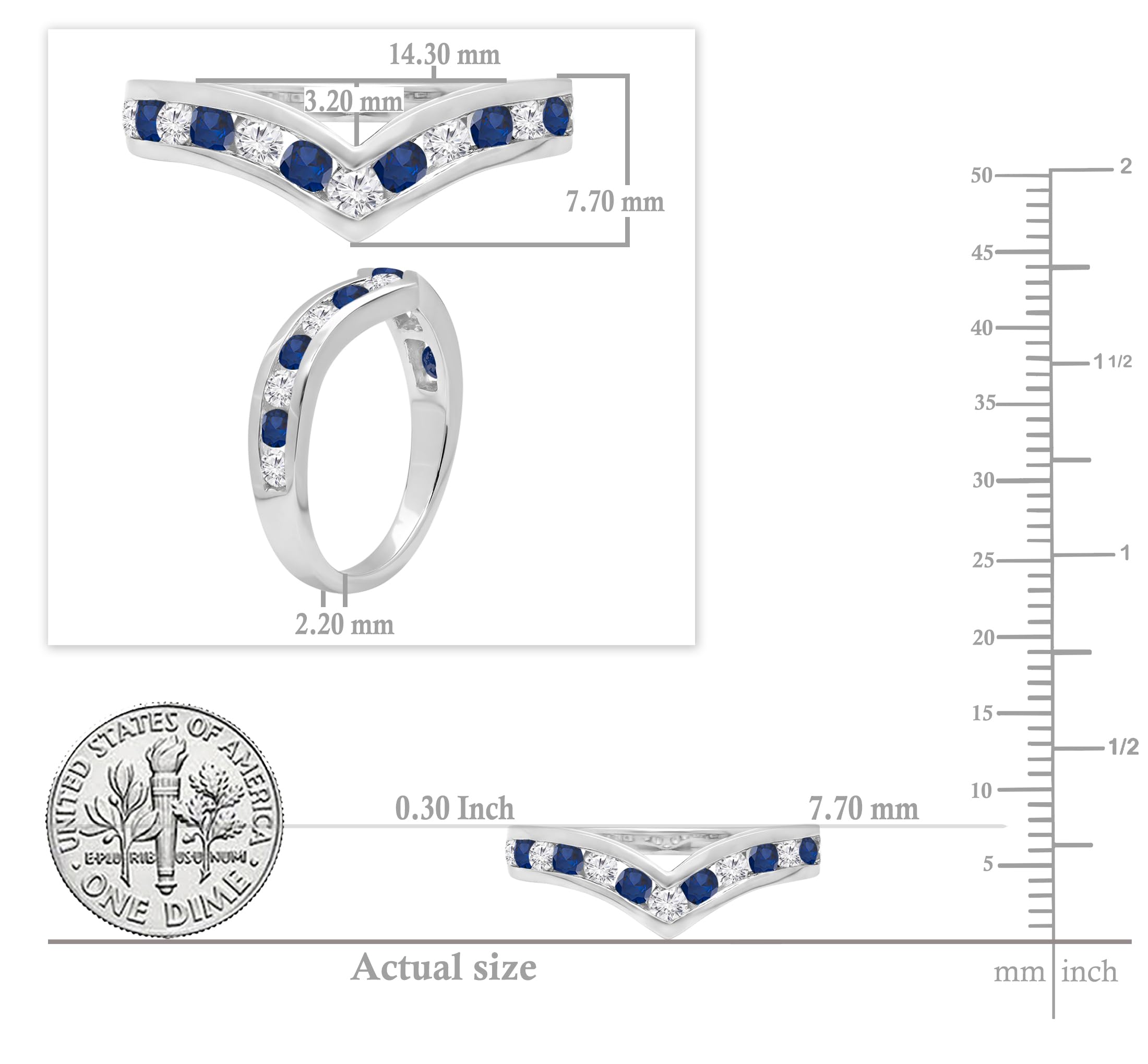 Dazzlingrock Collection Alternate Round Blue Sapphire & White Diamond Anniversary Stackable Chevron Band for Women in 14K White Gold, Size 5.5