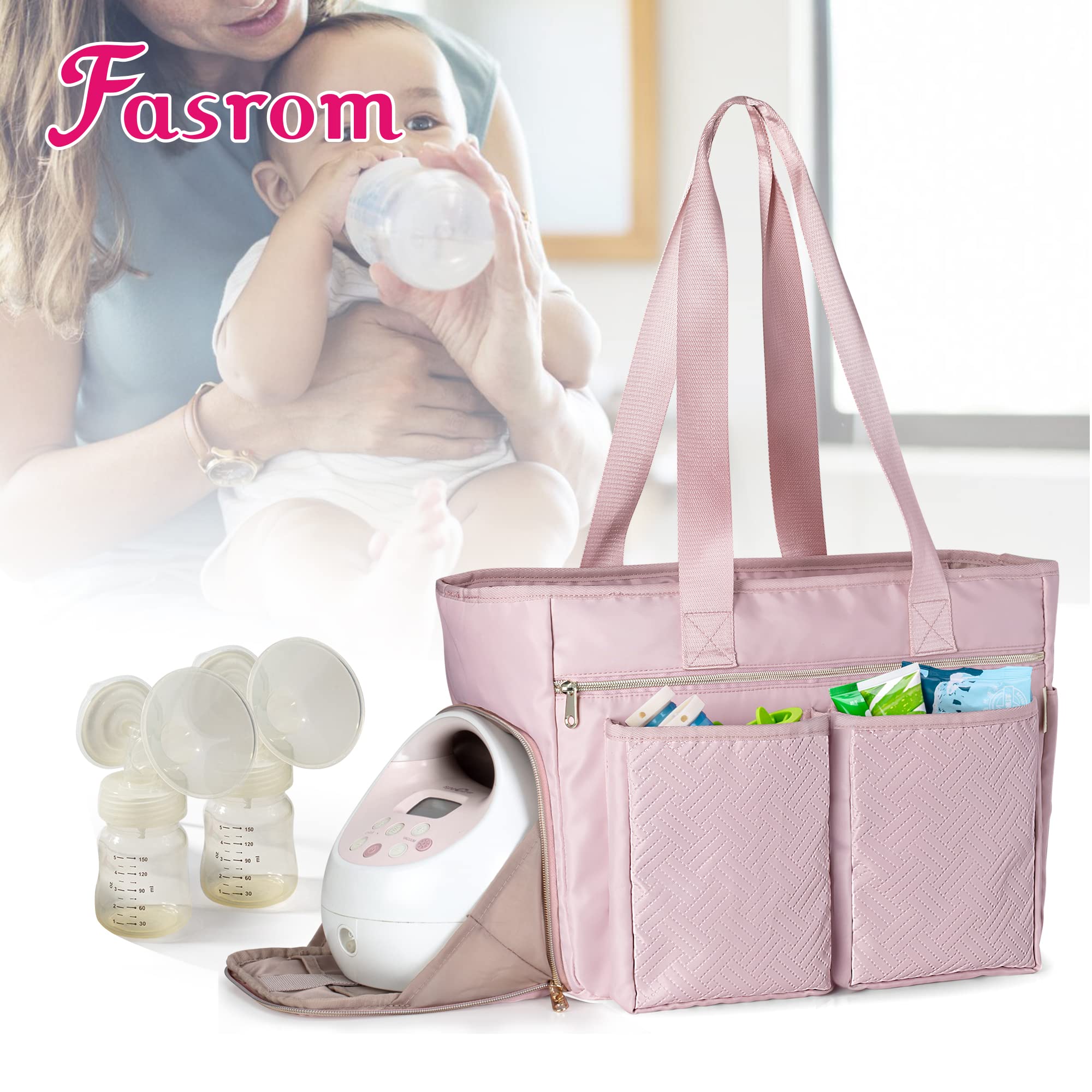 Fasrom Breast Pump Bag Compatible with Spectra S1, S2, Portable Pumping Travel Tote Bag with Laptop Sleeve for Working Moms (Empty Bag Only), Pink