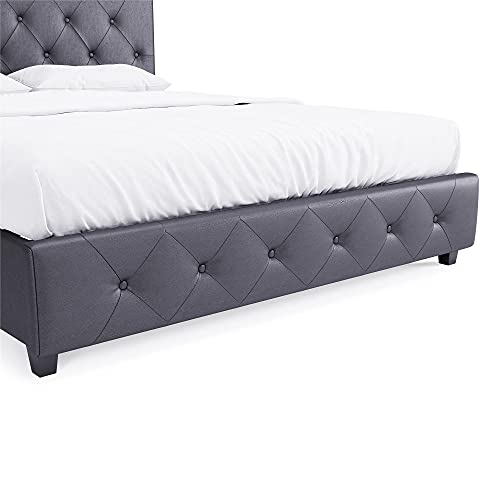 DHP Dakota Upholstered Platform Bed with Diamond Button Tufted Headboard and Footboard, No Box Spring Needed, Queen, Gray Faux Leather,Grey