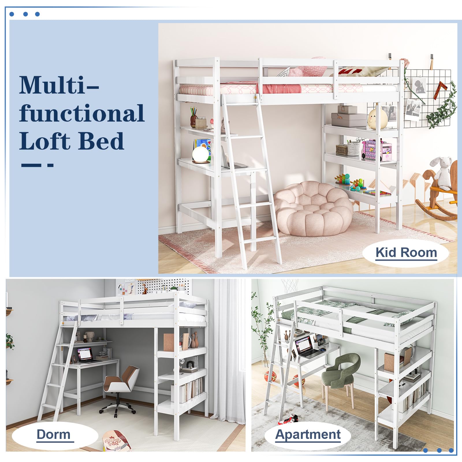 KOMFOTT Twin Loft Bed with Desk & Storage Shelves, Wood Loft Bed Frame for Kids Teens with Bookcase, Ladder, Guardrail, No Box Spring Needed, Space-Saving Loft Bed for Dorm, Apartment