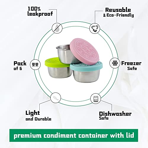 Jeadiuwe Salad Dressing Container To Go 6 x 1.7 oz Set,Reusable Small Stainless Steel Condiments Containers with the silicone Lids,Reusable Leakproof Sauce Containers for Lunch Box Leak Proof