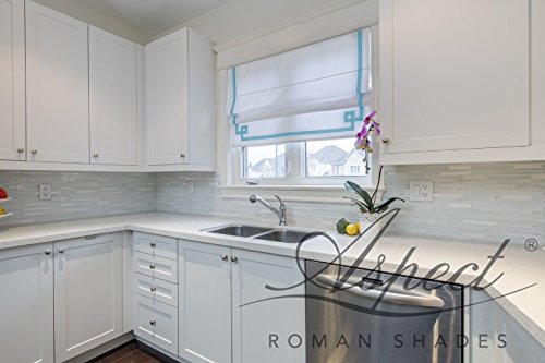 LOGANOVA Custom Flat Roman Shade with white background and baby blue Greek key border. Premium lining and chain mechanism.