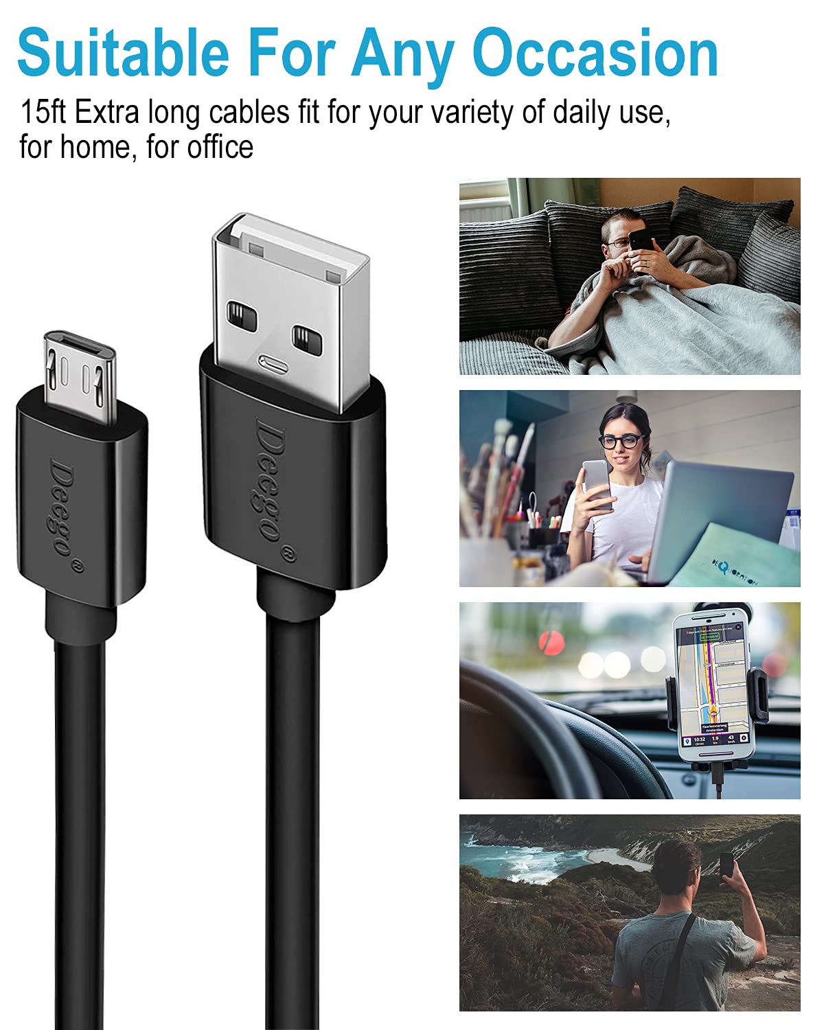 DEEGO Micro USB Cable,15Ft Extra Long PS4 Controller Charger Cable,Enduring Android Charging Cord for Samsung Galaxy S7 Edge S6,Note 5,Note 4,Moto G5,Android Phone,Kindle Fire,Black