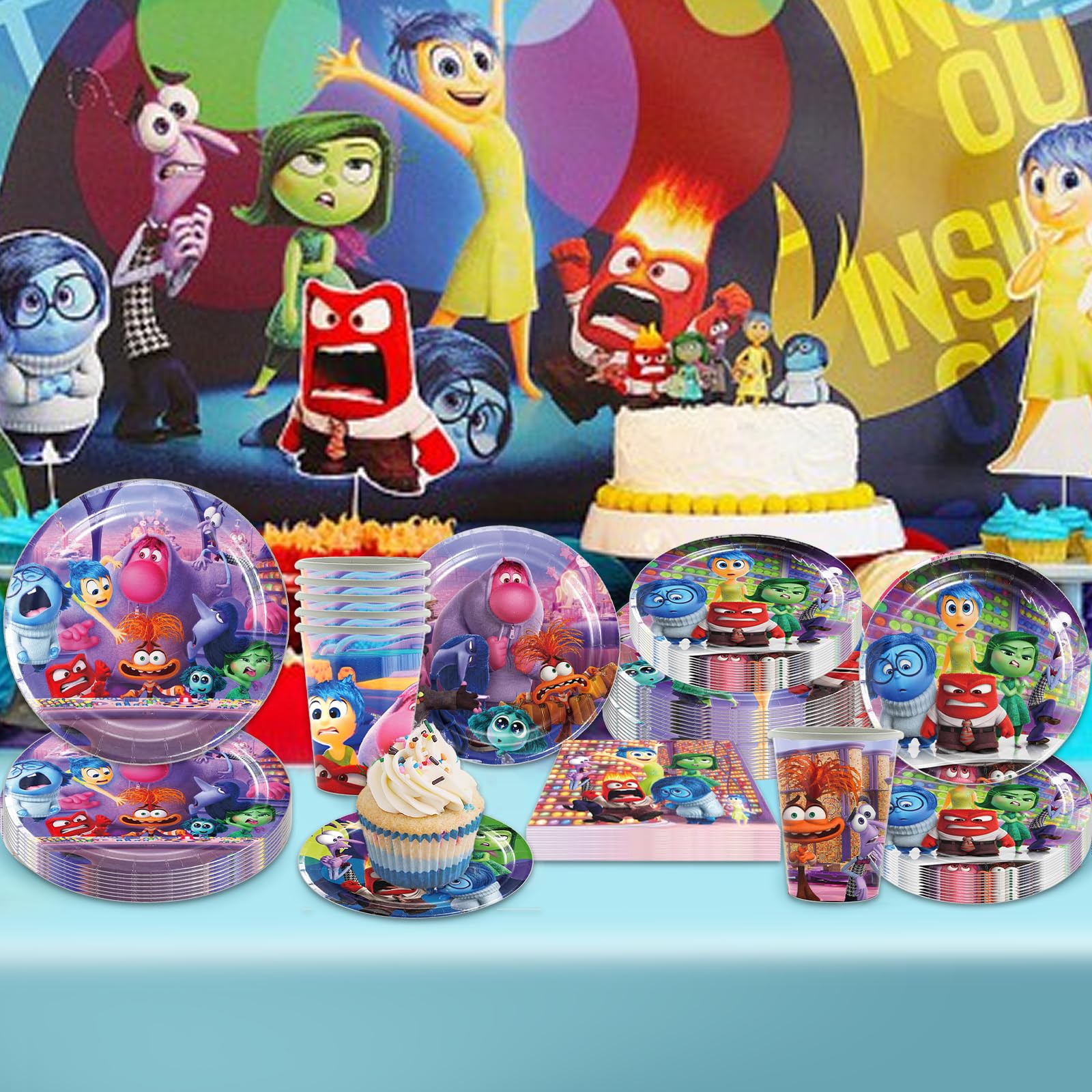 Inside Out Birthday Party Supplies,Inside Out Party Tableware Decoration.Inside Out Plates Napkins Tablecloth Kit for Inside Out Supplies
