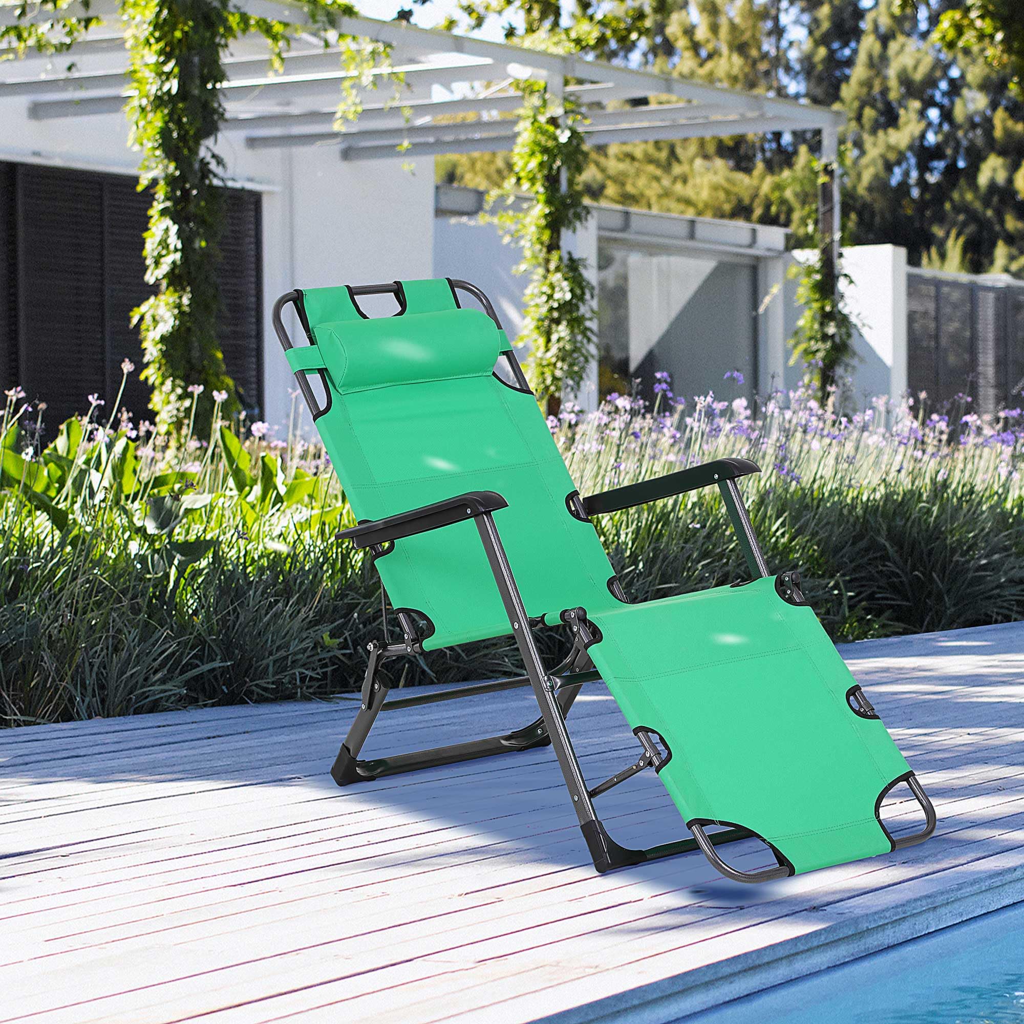 Outsunny Folding Chaise Lounge Chair for Outside, 2-in-1 Tanning Chair with Pillow & Pocket, Adjustable Pool Chair for Beach, Patio, Lawn, Deck, Green