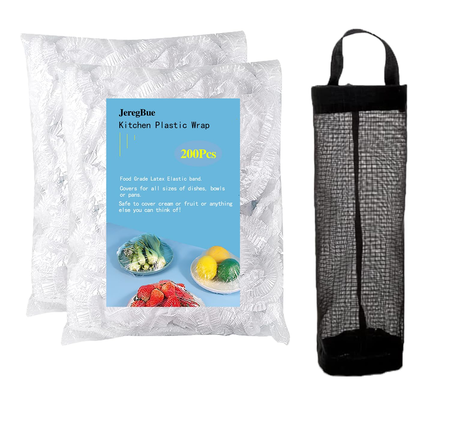 JeregBue Fresh Keeping Bags,200 PCS Reusable Plastic Bowl Covers and 1 PCS Plastic Bag Holderļ¼Elastic Storage Wraps for Containers