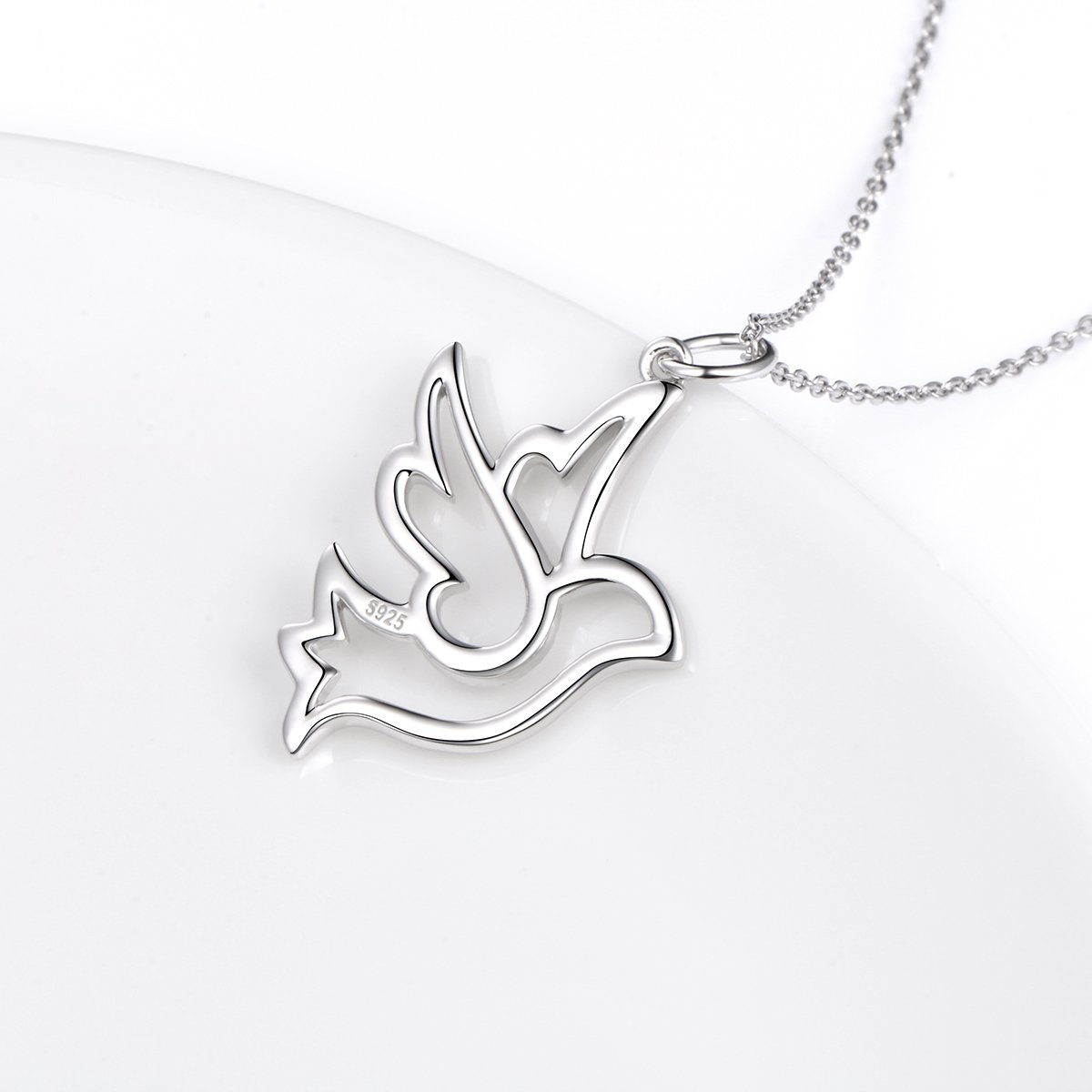 DAOCHONG S925 Sterling Silver Doves Birds Faith Hope Love Pendant Necklace 18 inches Rolo Chain
