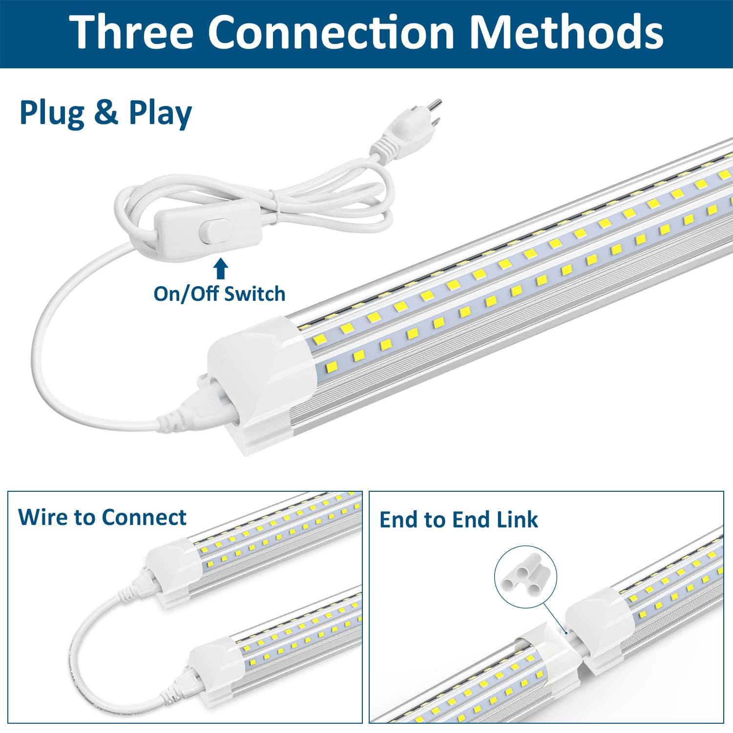 JESLED 10-Pack 8FT LED Shop Light Fixture, 90W 12000LM 6500K LED Tube Lights T8 Integrated, Linkable, Plug and Play, High Output, D Shape 3 Rows 300 Degree Lighting for Garage, Workshop
