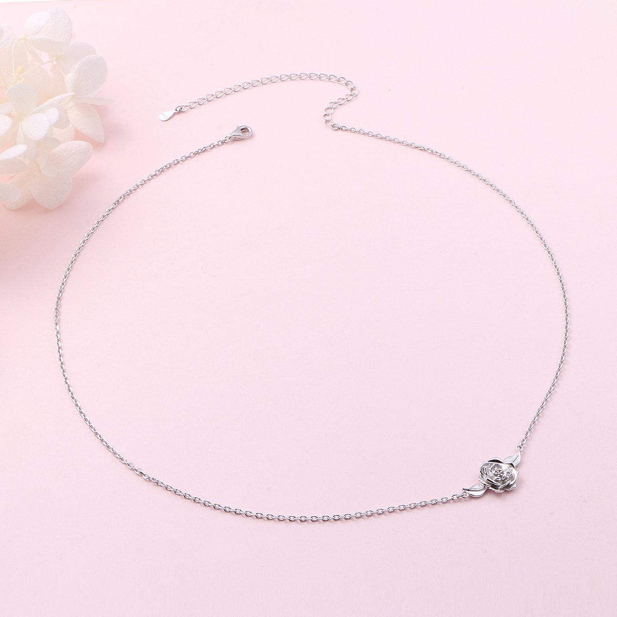 DAOCHONG S925 Sterling Silver Jewelry Sideways Camellia Flower Choker Necklace 14+4"